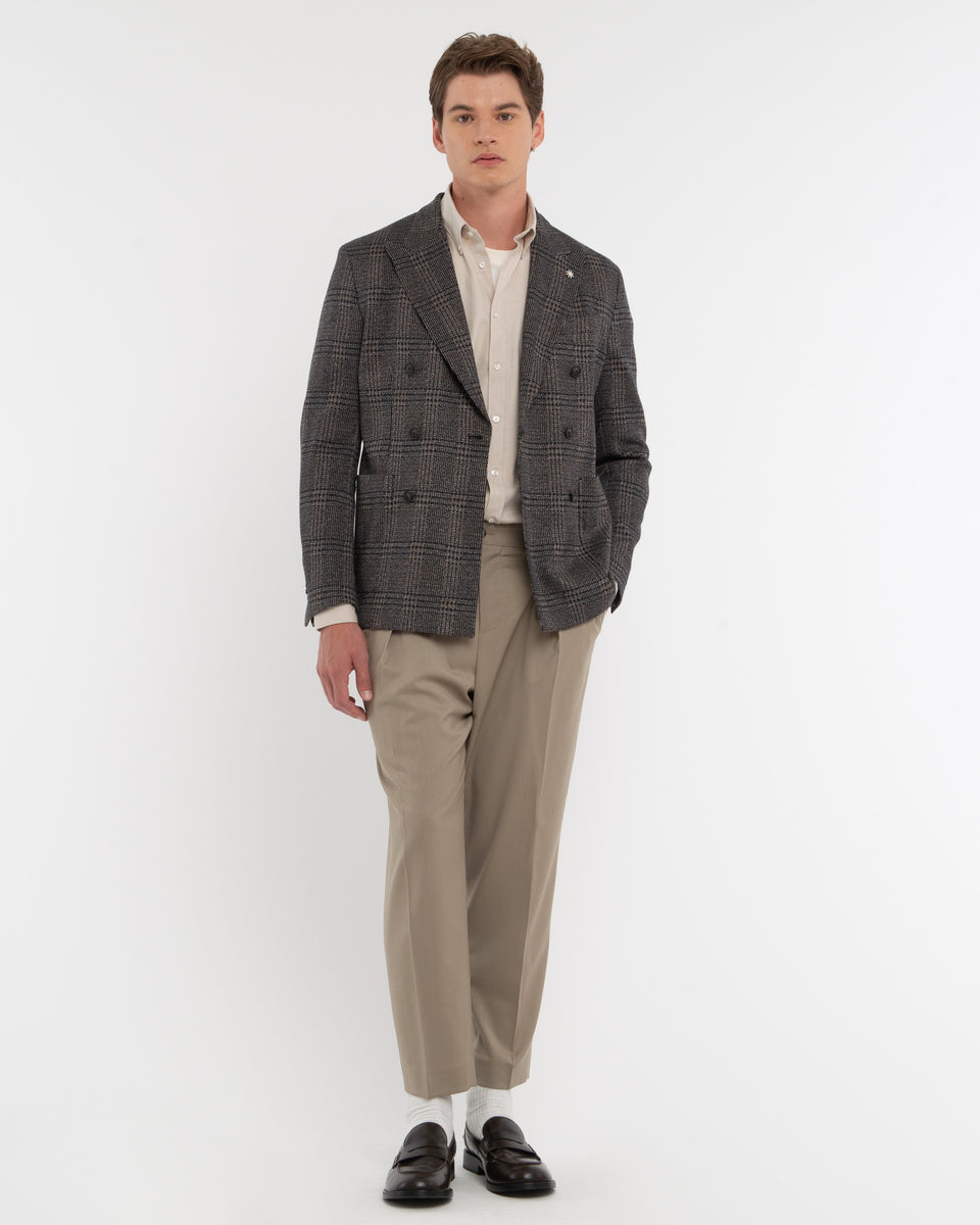 brown stretch cotton blend double breasted overcheck blazer - Manuel ...