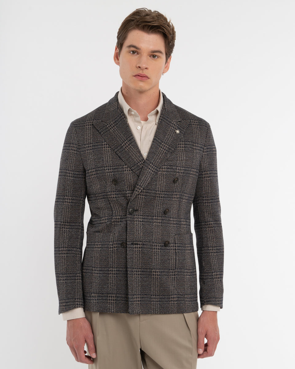brown stretch cotton blend double breasted overcheck blazer - Manuel ...