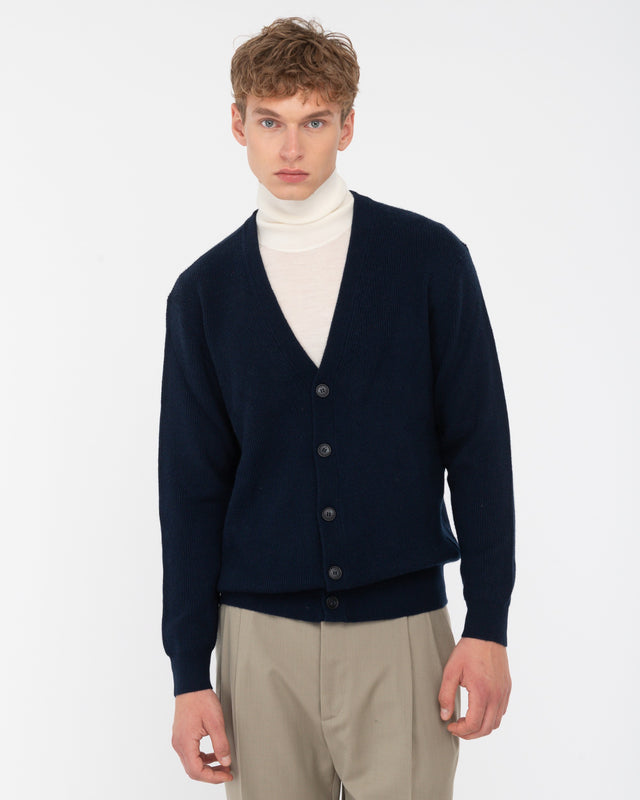 Cardigan costa inglese in lana blu - Manuel Ritz Official