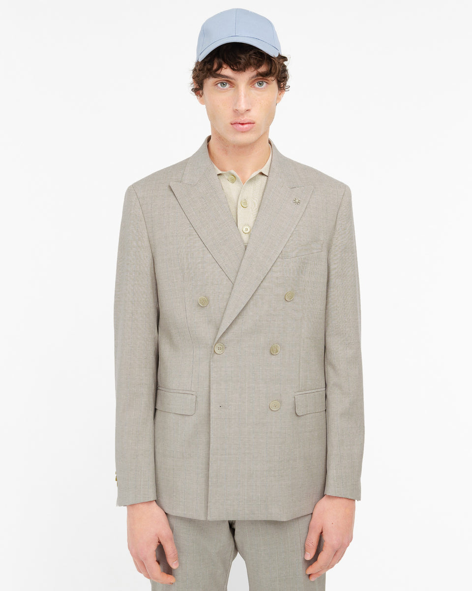 beige cool wool double breasted pinstripe suit - Manuel Ritz Official