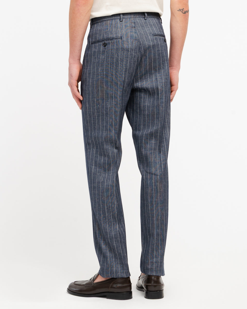 blue stretch linen blend pinstriped trousers with pleats - Manuel Ritz ...